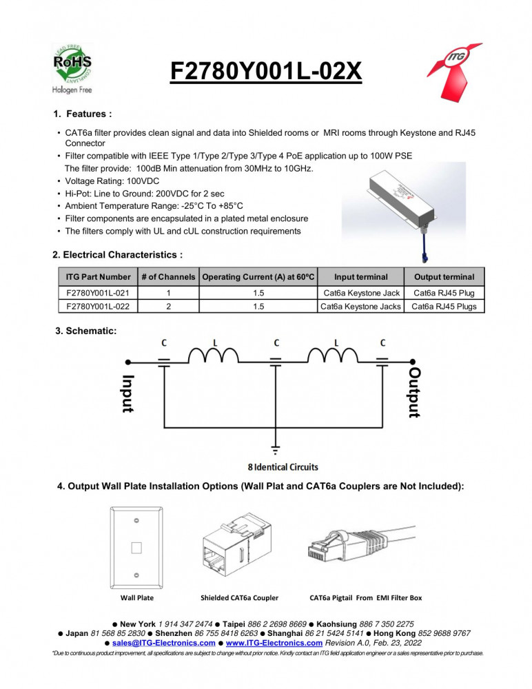 ITG Electronics F2780Y001L CAT6a filter technical document page 1