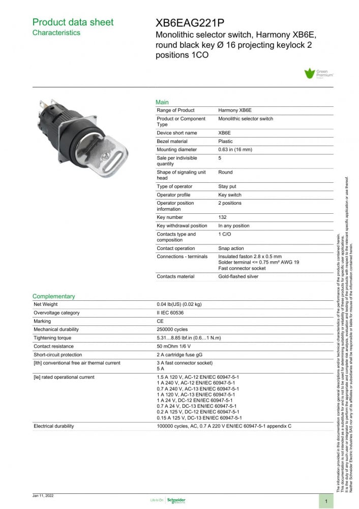 XB6EAG221P technical document page 1