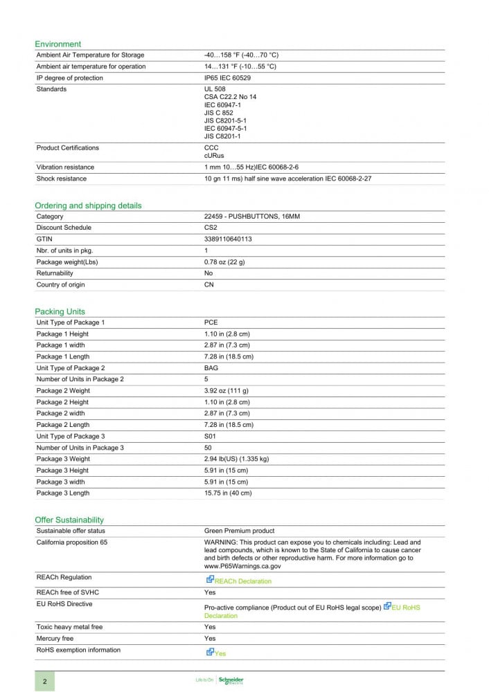 XB6EAG221P technical document page 2