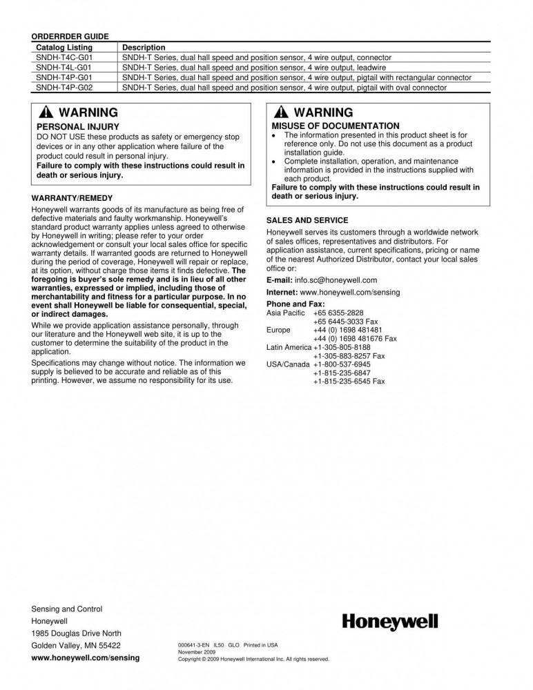 Honeywell SNDH-T4C-G01 product documentation page 4
