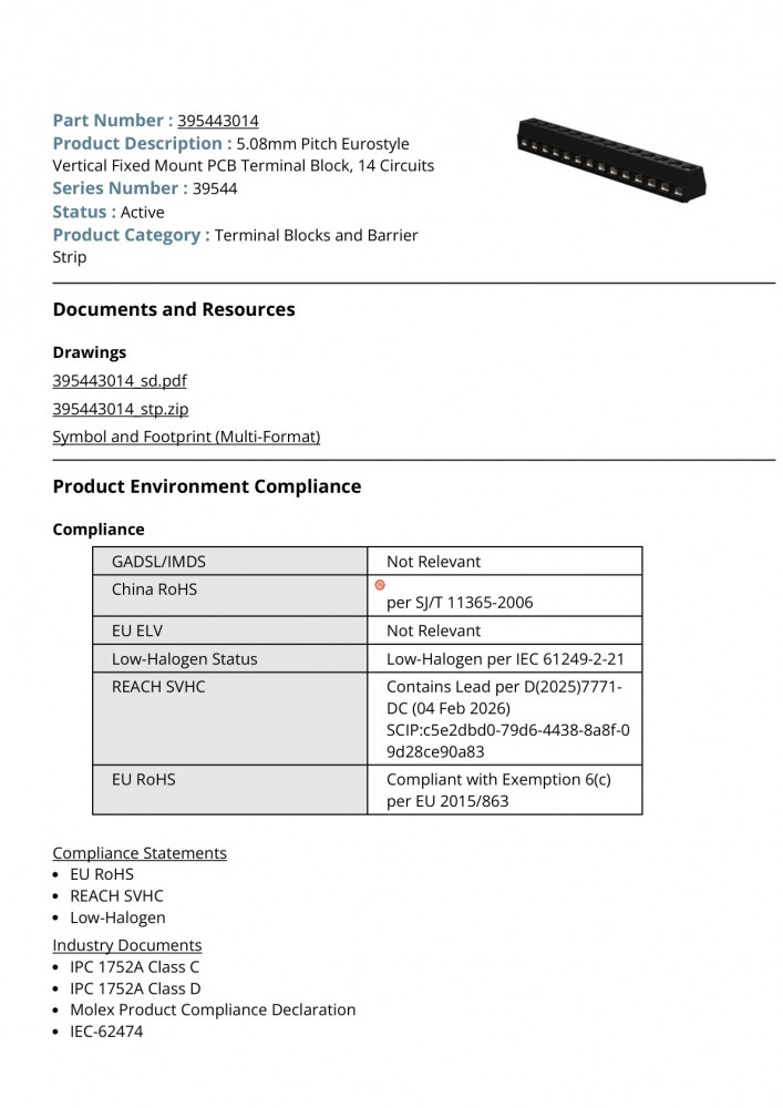 MOLEX 395443014 technical drawing page 1