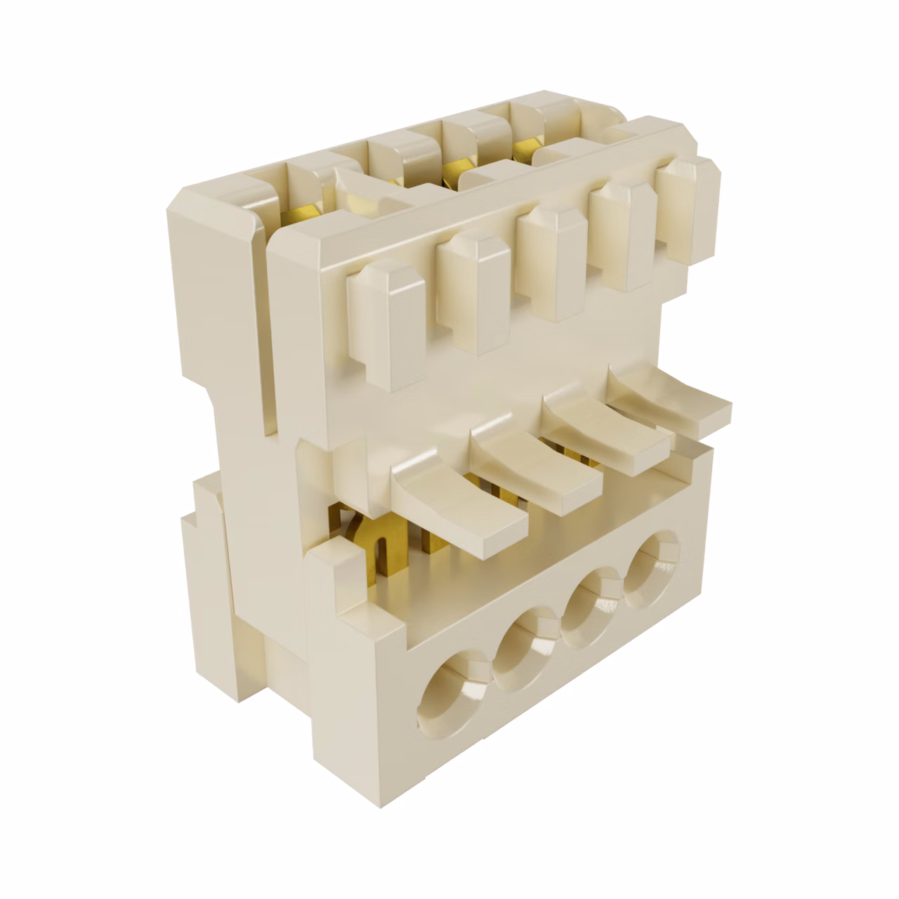 Appli-Mate RAST 2.5 Connector, 2.50mm Pitch, Female, 4 Circuits, Positions A and E Removed, Polarizing Rib Between 2/3, Locking Pips, 1 Slotted and 1 Open Endwall, Tin Plating
