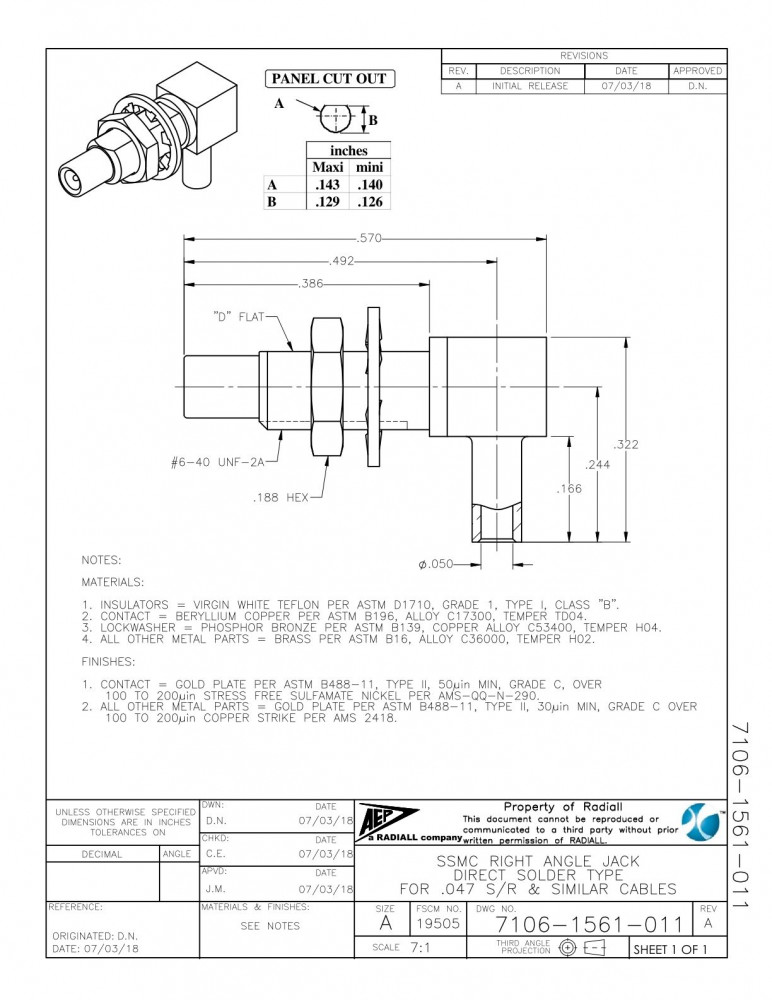 Radiall drawing for SSMC right-angle jack 7106-1561-011