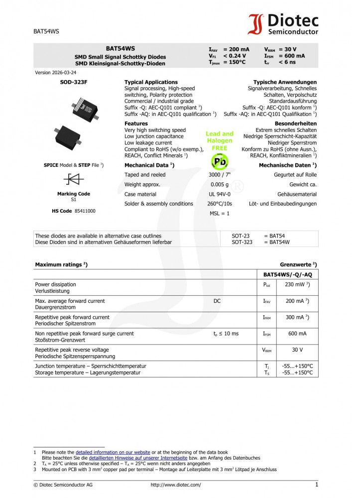 DIOTEC BAT54WS-AQ datasheet page 1