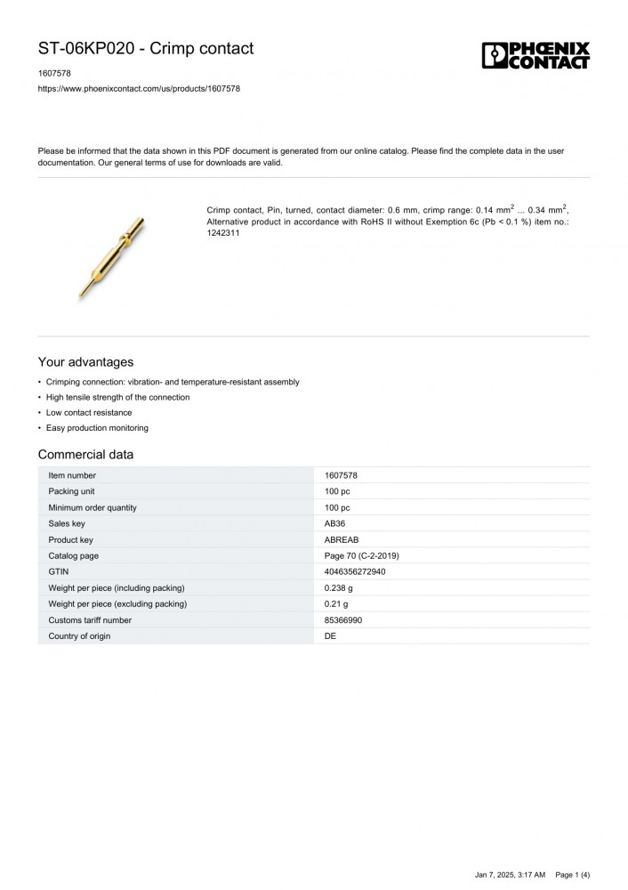Phoenix Contact 1607578 technical document page 1
