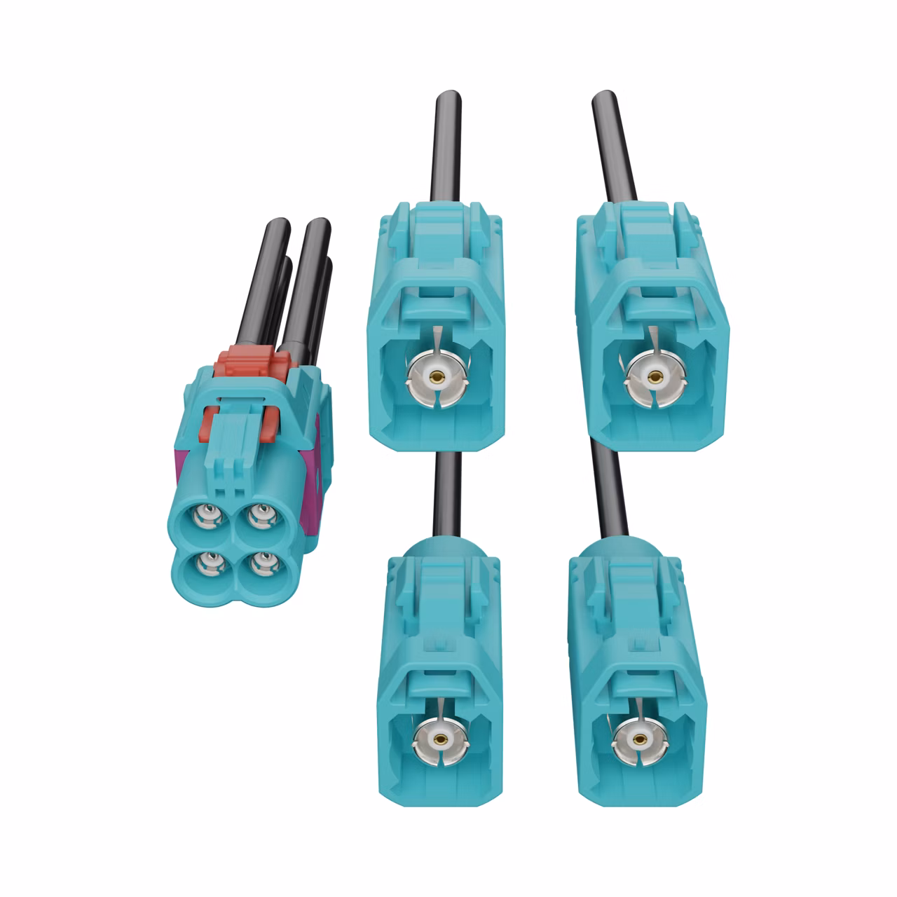 HFM Straight Quad Jack-to-4 FAKRA Straight Jack Off-the-Shelf (OTS) Cable Assembly, Key Z Water Blue, RG-174 Cable, 5000.00mm Length, 50 Ohms for sale