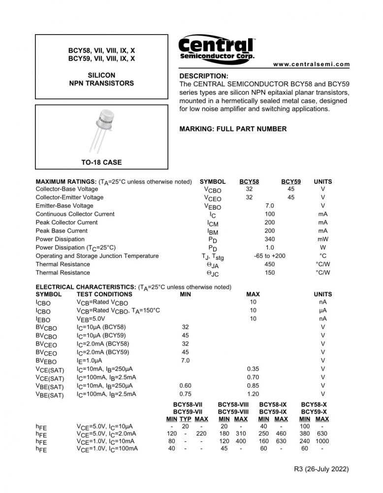 BCY59 series datasheet page 1