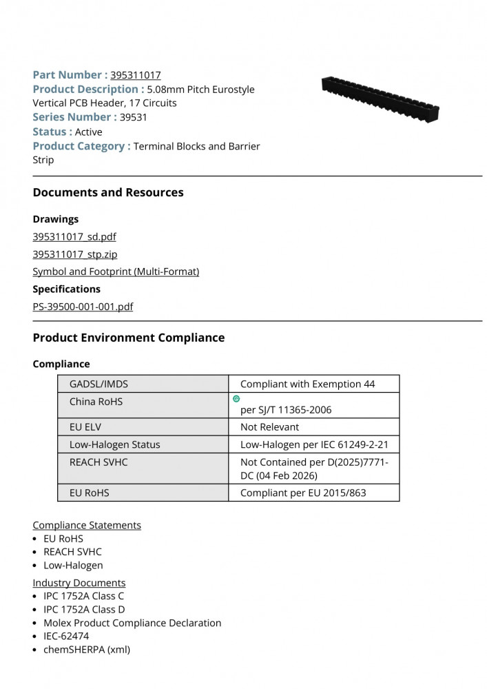 Technical document image 1 for MOLEX 395311017