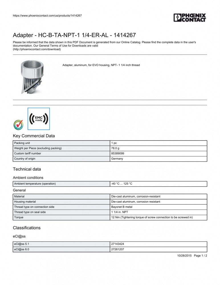 Phoenix Contact 1414267 product document page 1