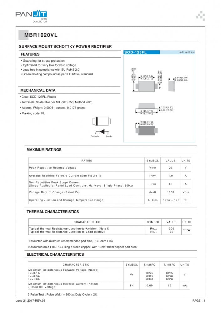 MBR1020VL datasheet page 1