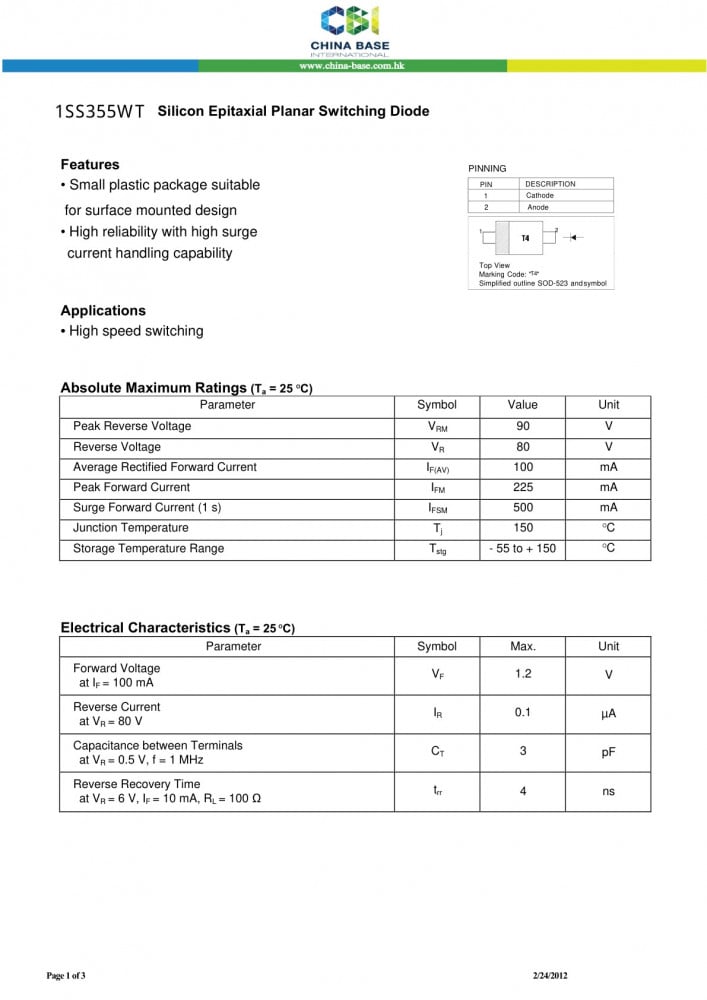1SS355WT datasheet page 1