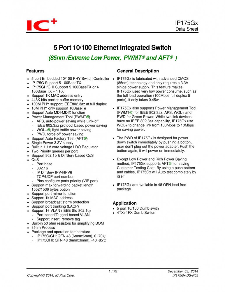 IP175G datasheet page 1
