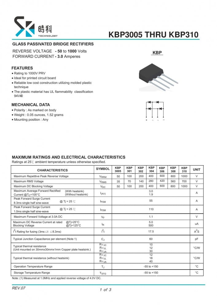 KBP306 bridge rectifier datasheet page 1