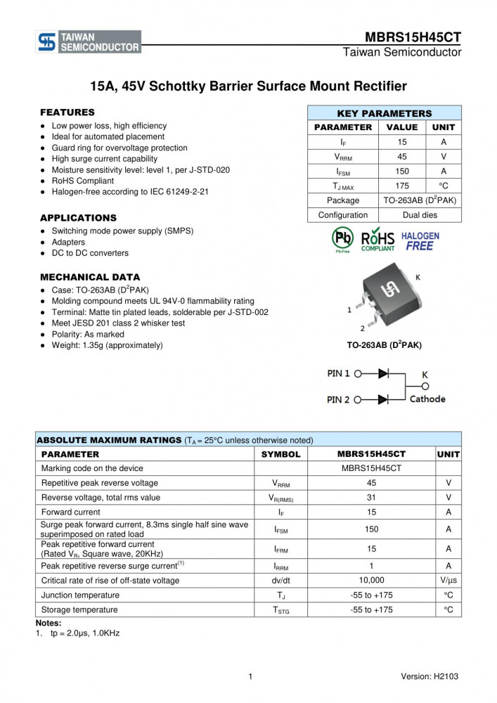 MBRS15H45CT datasheet page 1