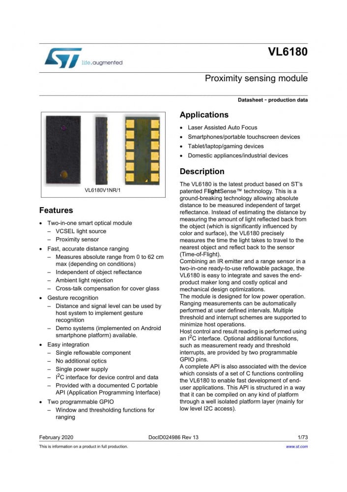 VL6180V1NR/1 datasheet page 1