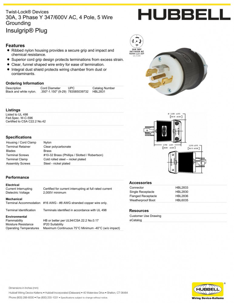 HBL2831 product technical reference image