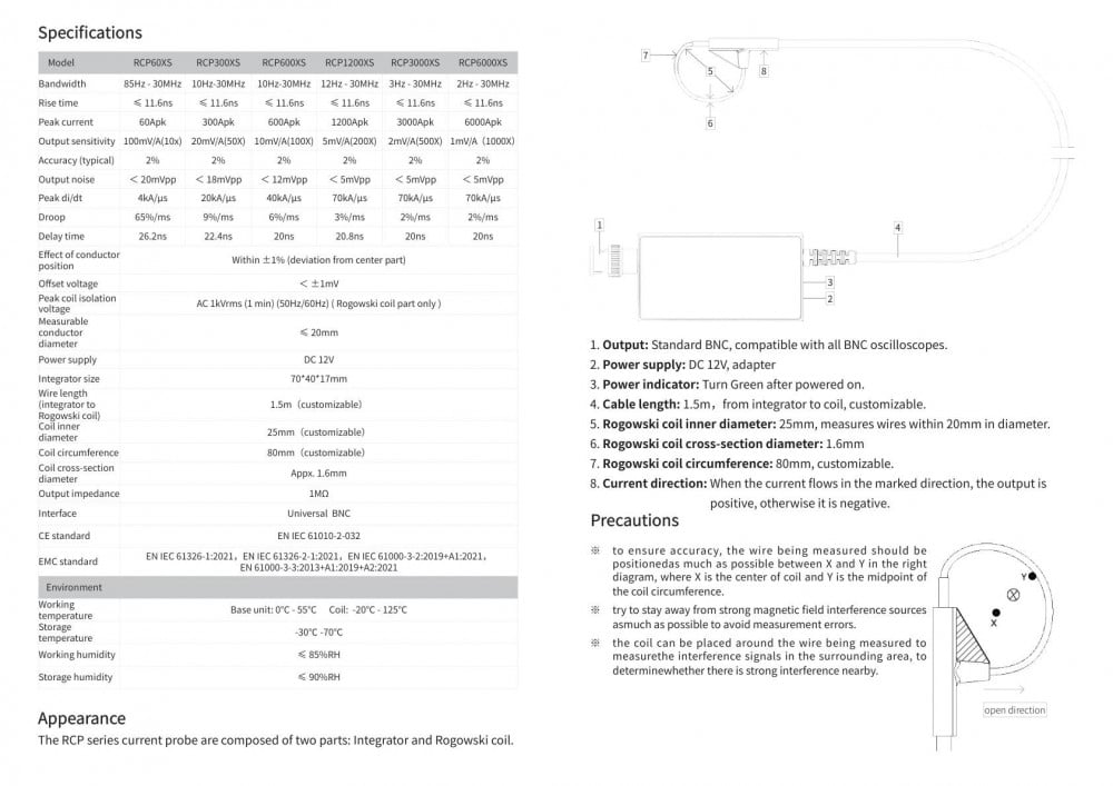 Micsig RCP12000XS Rogowski current probe documentation page 2