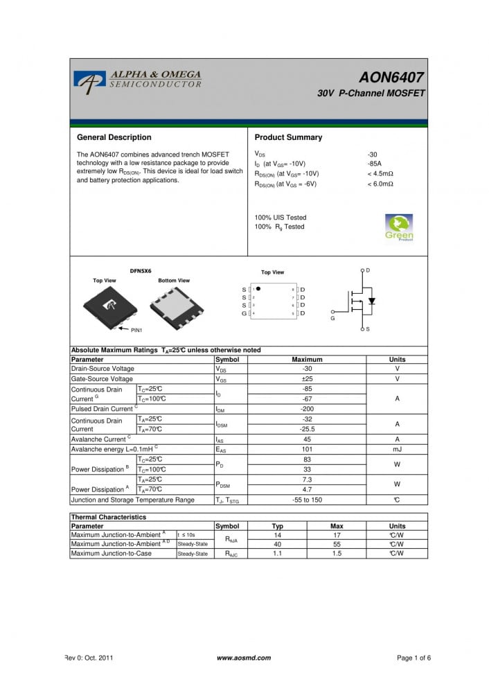 AON6407 datasheet page 1