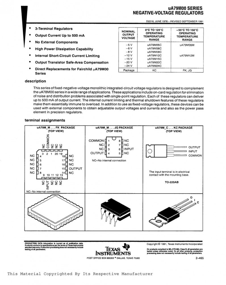 UA79M00 series datasheet page 1