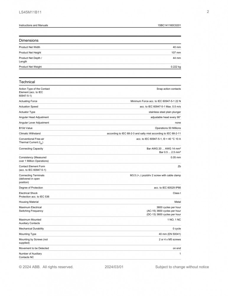 ABB LS45M11B11 technical document page 2