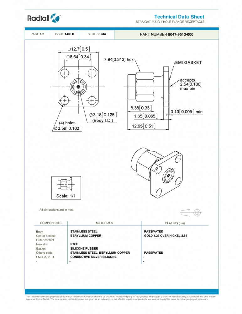 Radiall 9047-9513-000 SMA connector specification, page 1