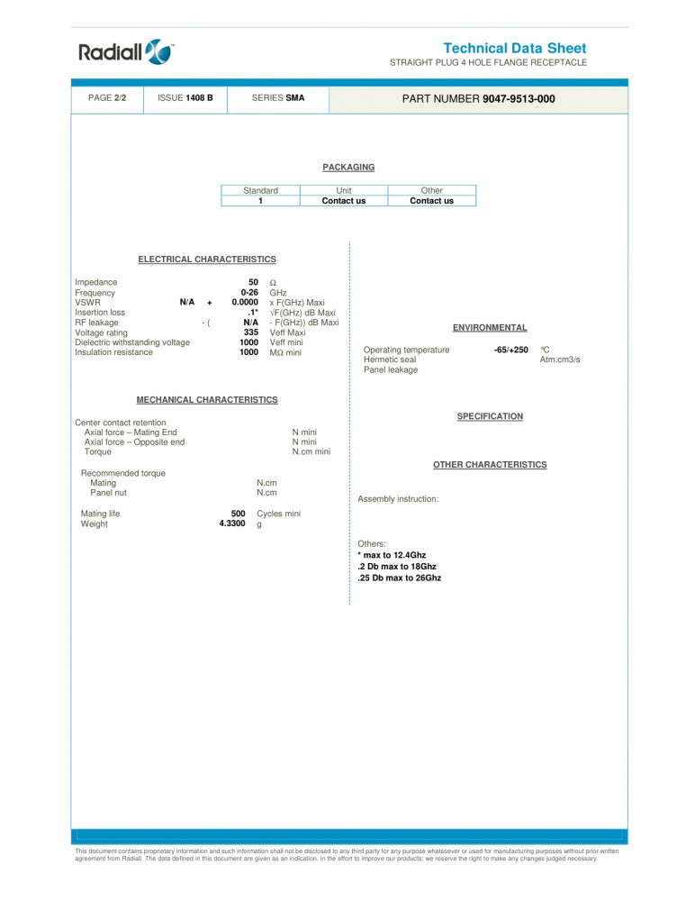 Radiall 9047-9513-000 SMA connector specification, page 2