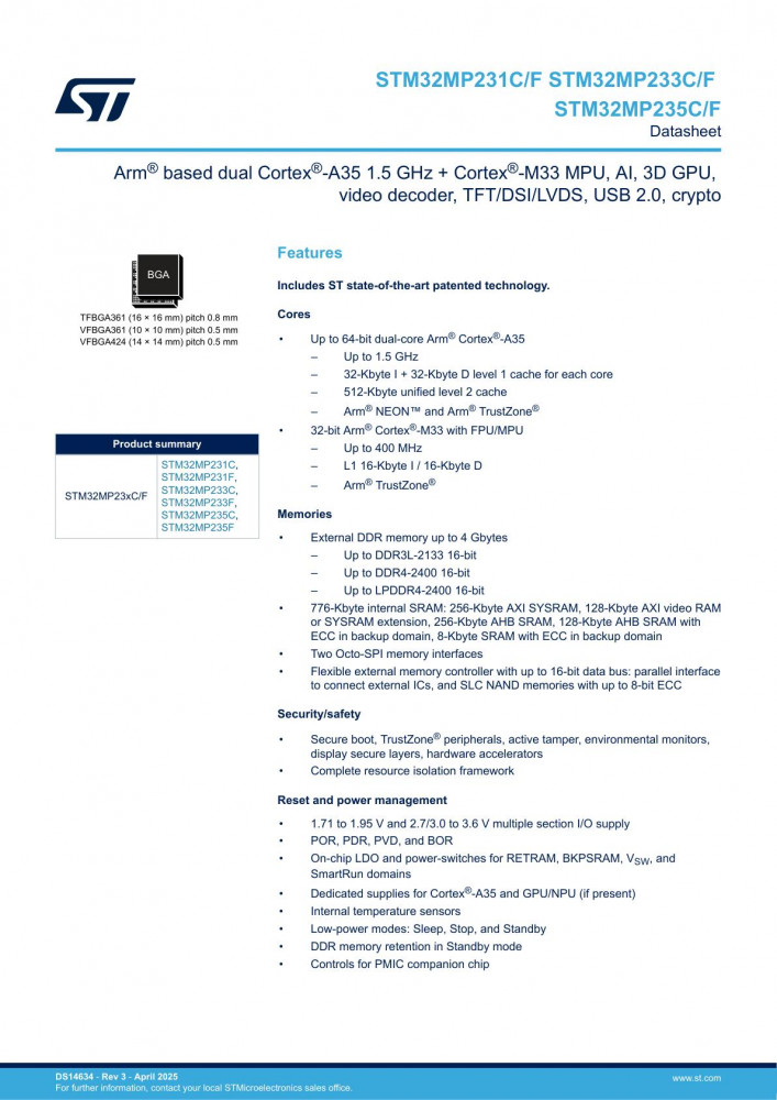 STM32MP233F technical document page 1