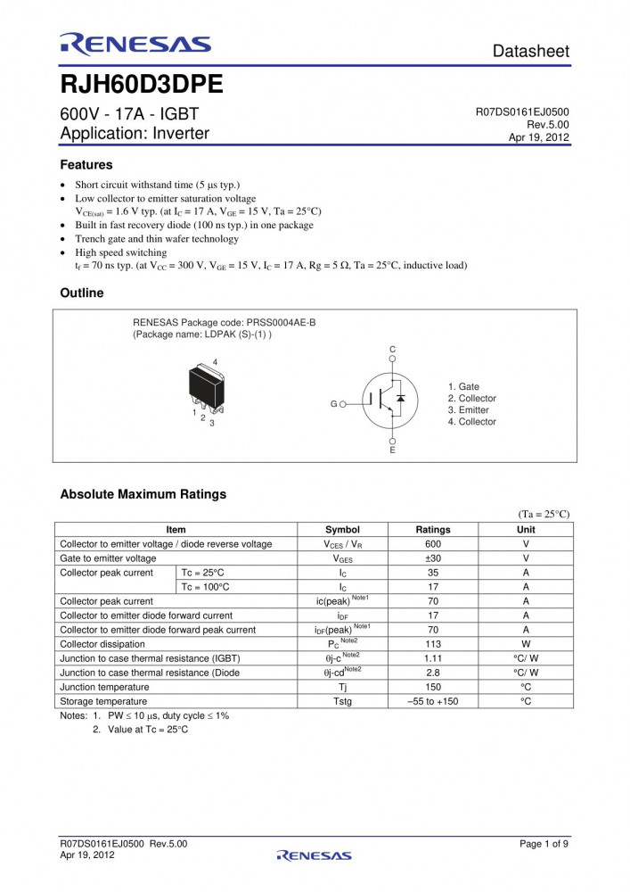 RJH60D3DPE-00#J3 datasheet page 1