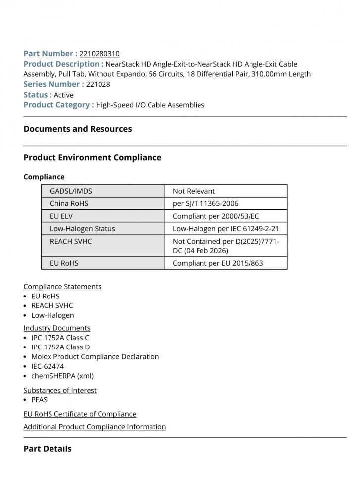 Technical document image 1 for MOLEX 2210280310
