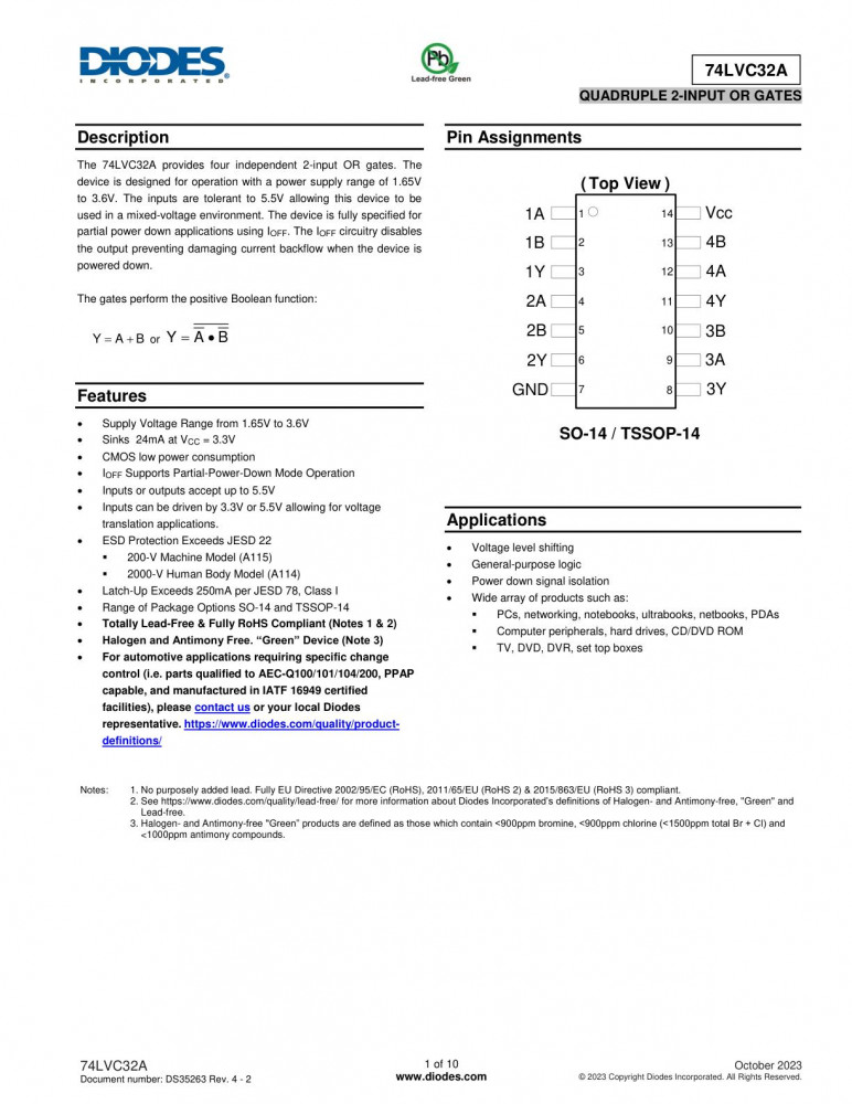 74LVC32A datasheet page 1
