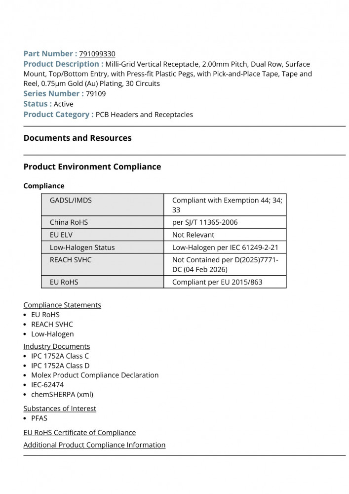MOLEX 791099330 technical document page 1