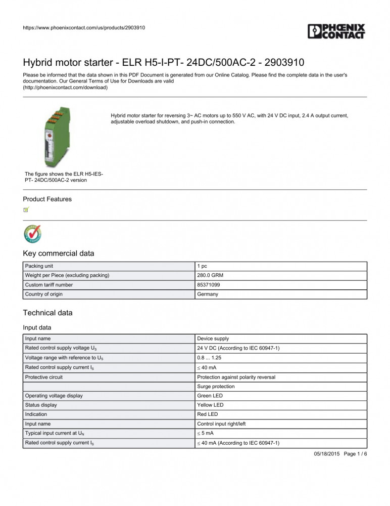 Phoenix Contact 2903910 technical document page 1