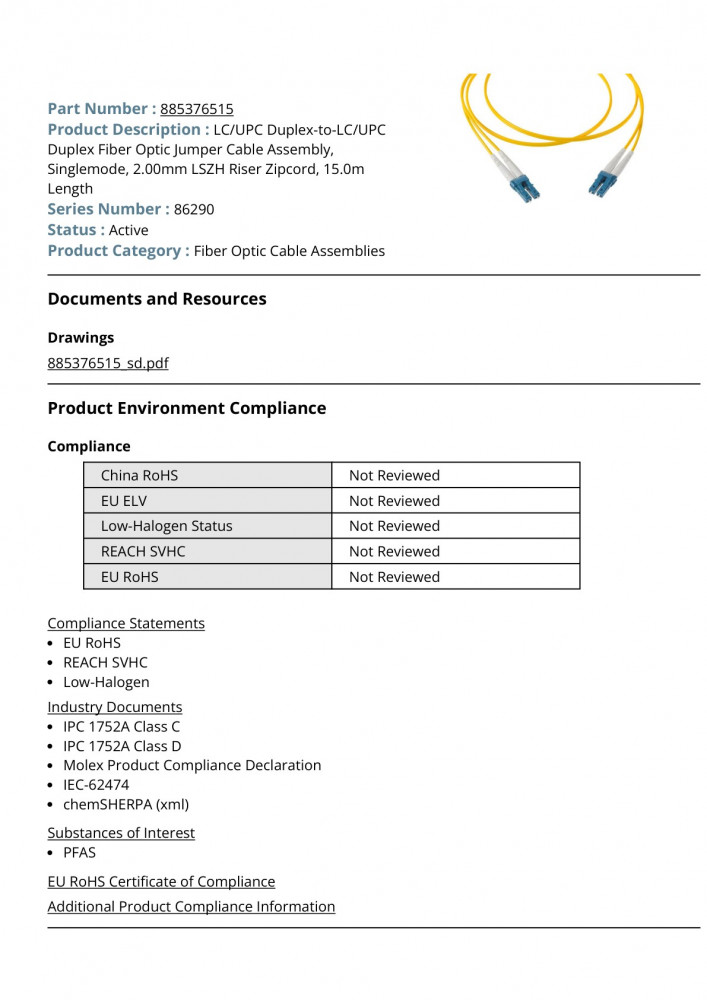 MOLEX 885376515 product drawing preview, page 1
