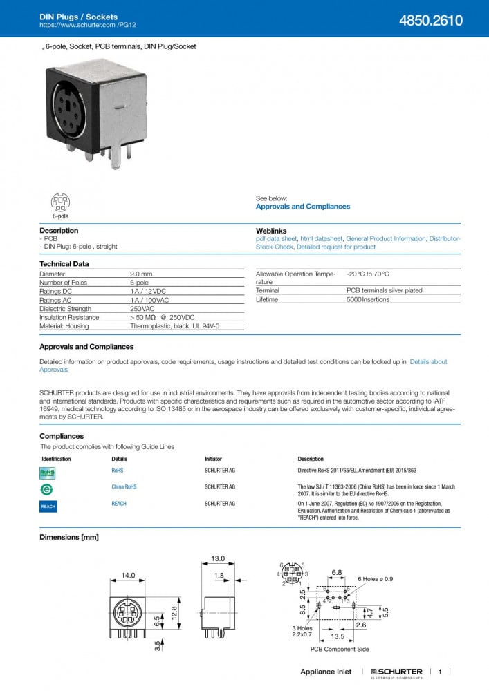 SCHURTER 4850.2610 technical document page 1