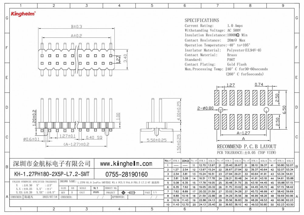 KH-1.27PH180-2X5P-L7.2-SMT technical drawing preview
