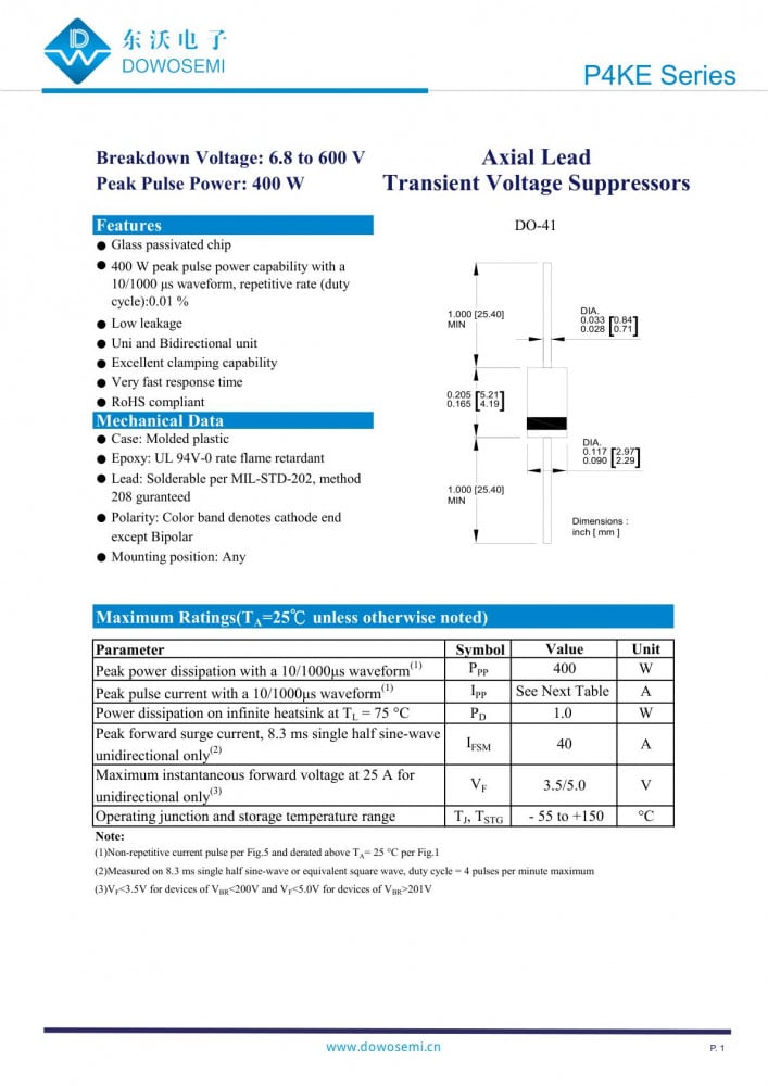 DOWO P4KE series datasheet page 1