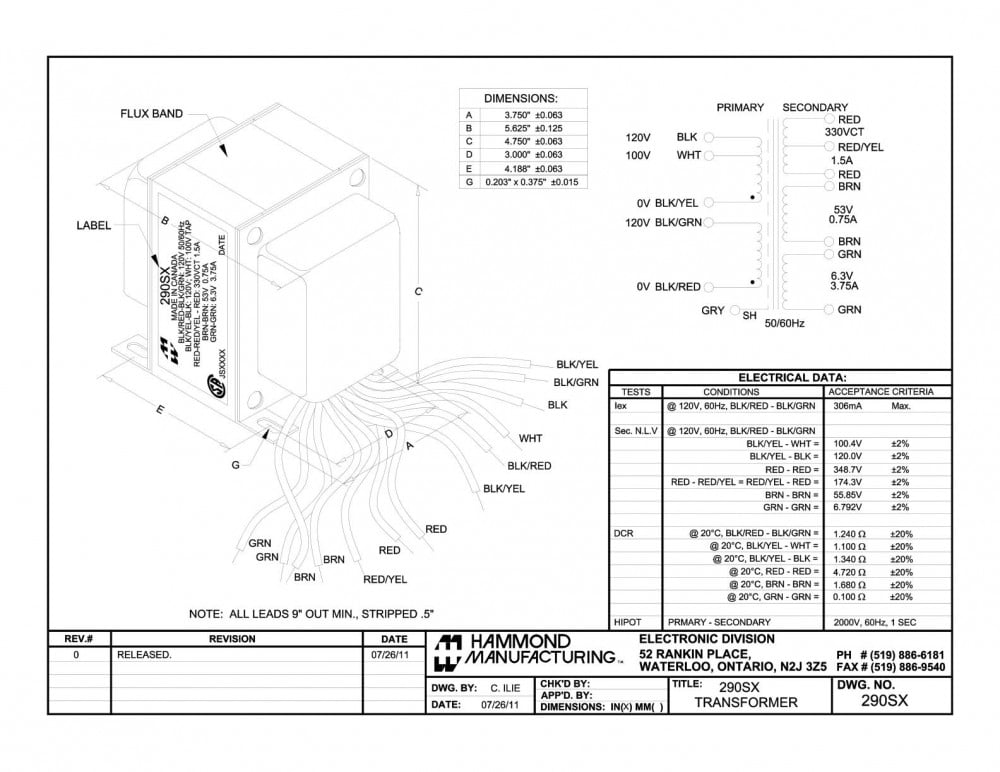 Hammond 290SX transformer technical drawing