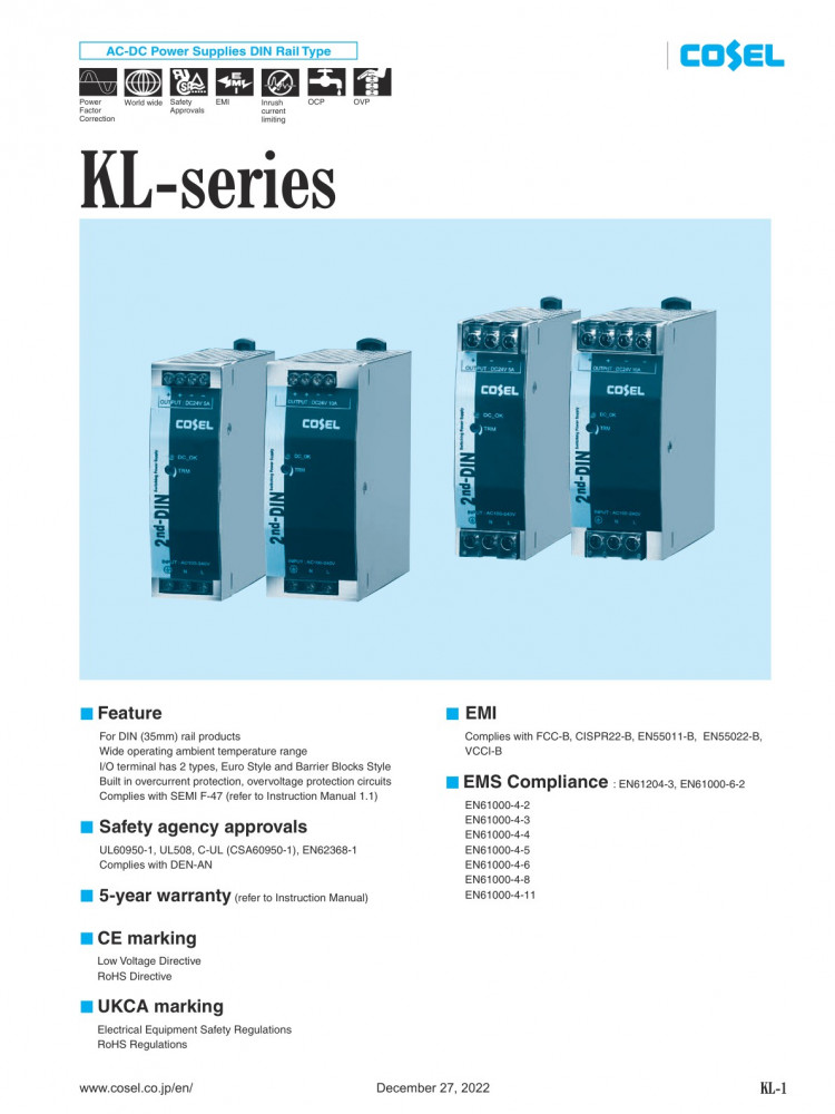 Cosel KL-series datasheet page 1