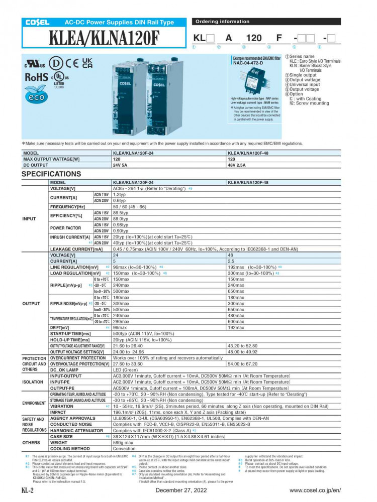Cosel KL-series datasheet page 2