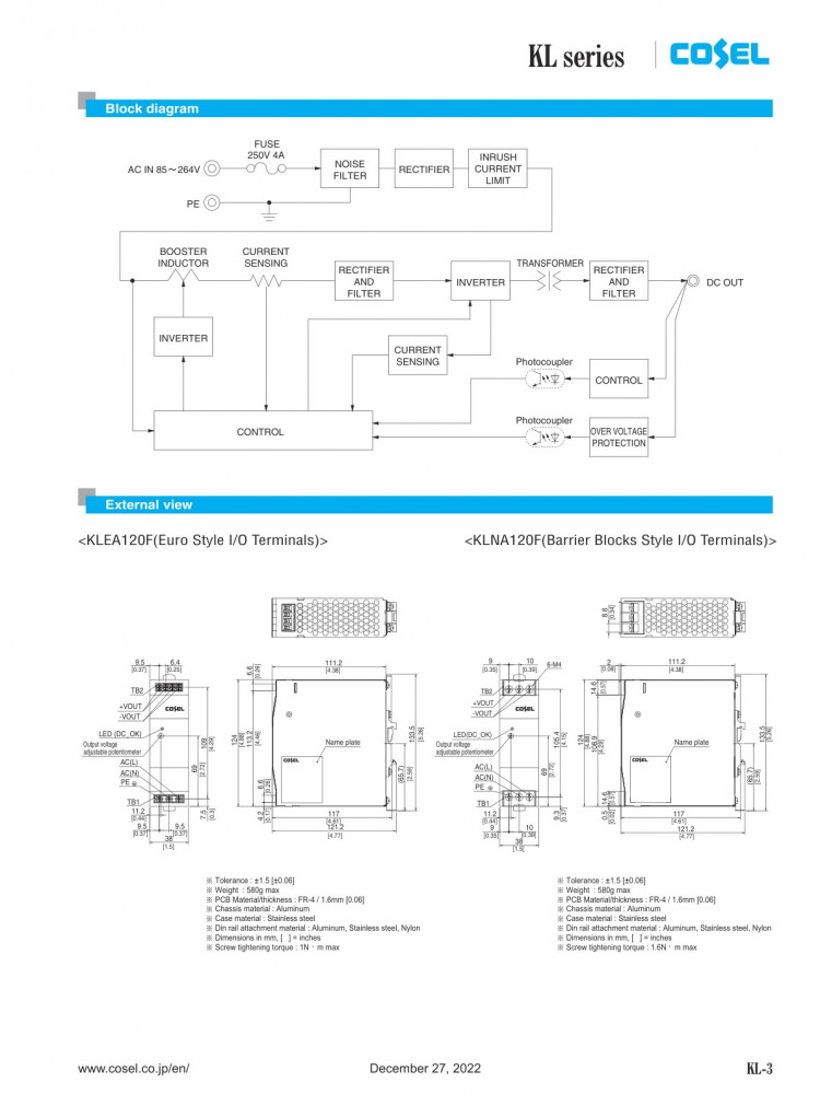 Cosel KL-series datasheet page 3