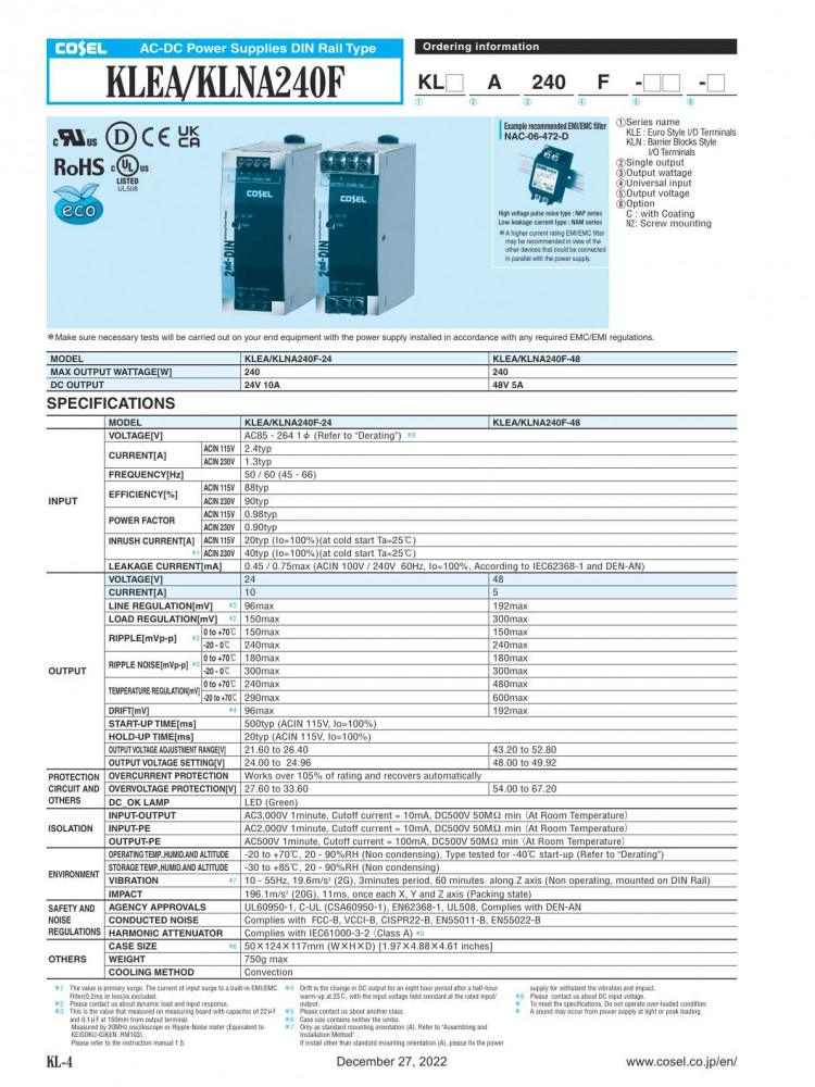 Cosel KL-series datasheet page 4