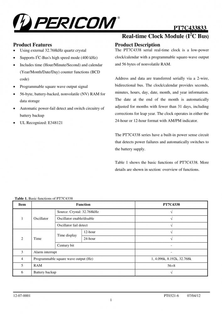 PT7C433833UEX datasheet page 1