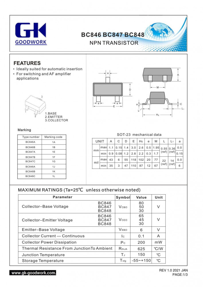 GOODWORK BC847B datasheet page 1
