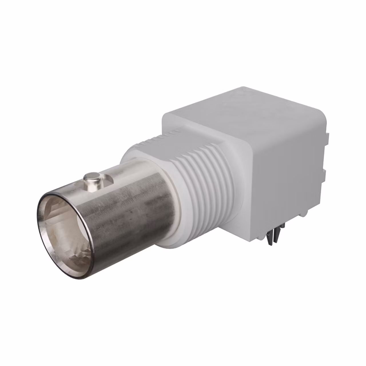 BNC Jack, Right-Angle, Bulkhead Receptacle, PCB, with Board Lock Legs, White PBT Housing, Housing Height 13.20mm, Nut and Lockwasher Not Included, 48 Pieces Per Tray, 50 Ohms for sale