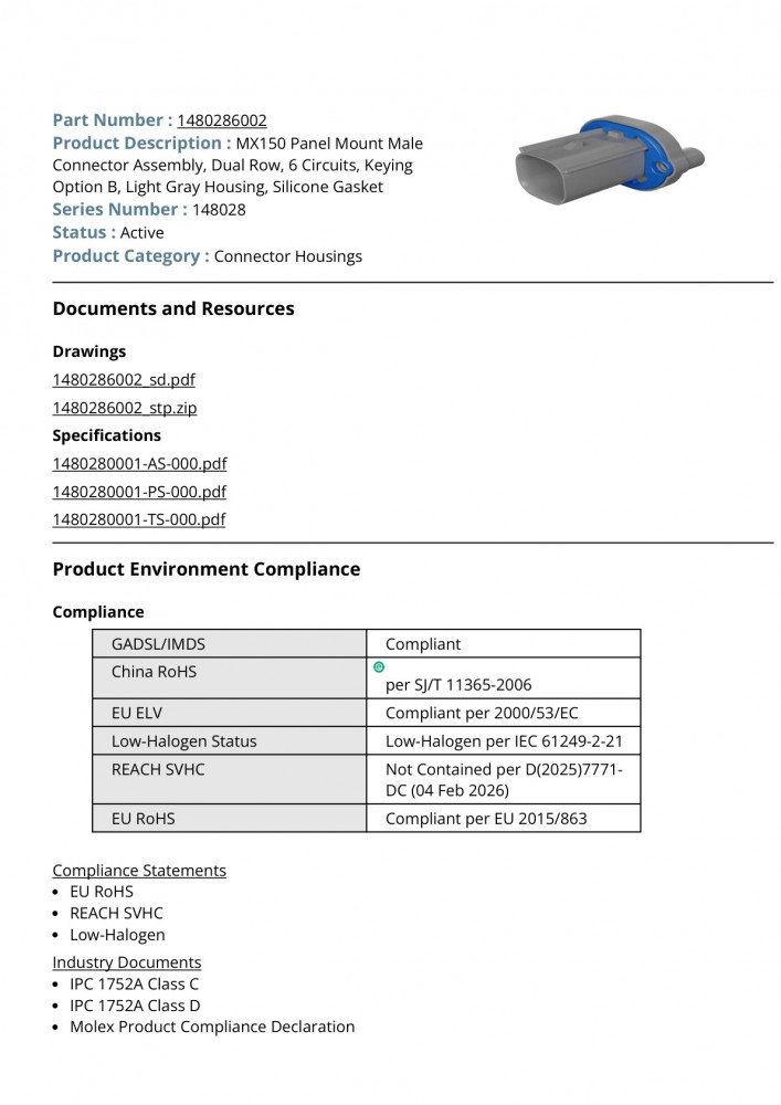 MOLEX 1480286002 technical document preview, page 1