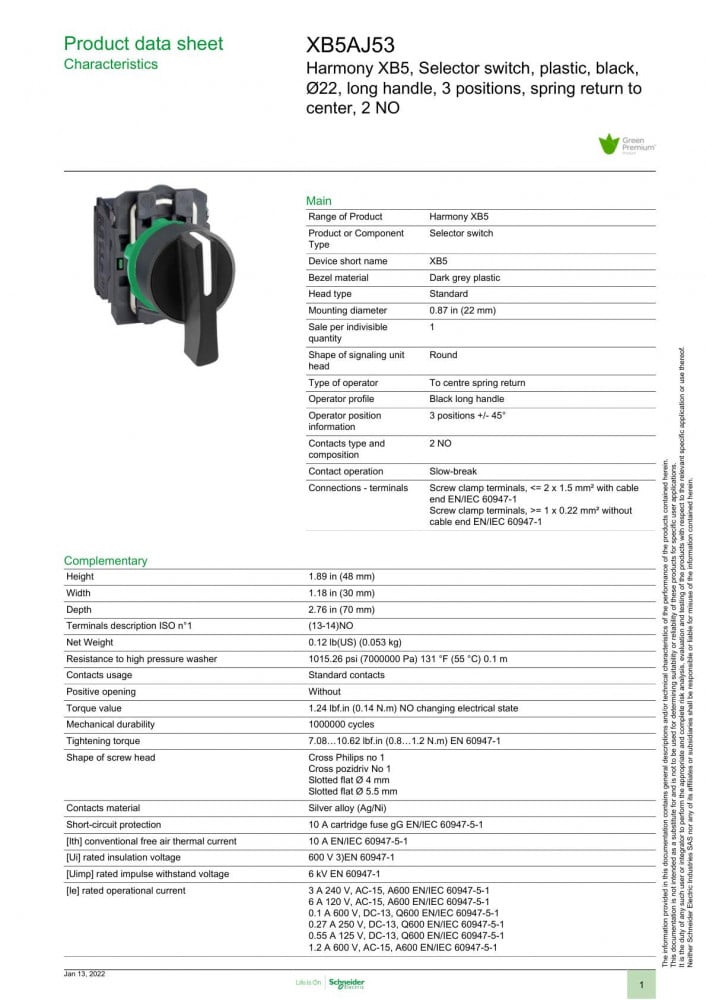 XB5AJ53 technical document page 1