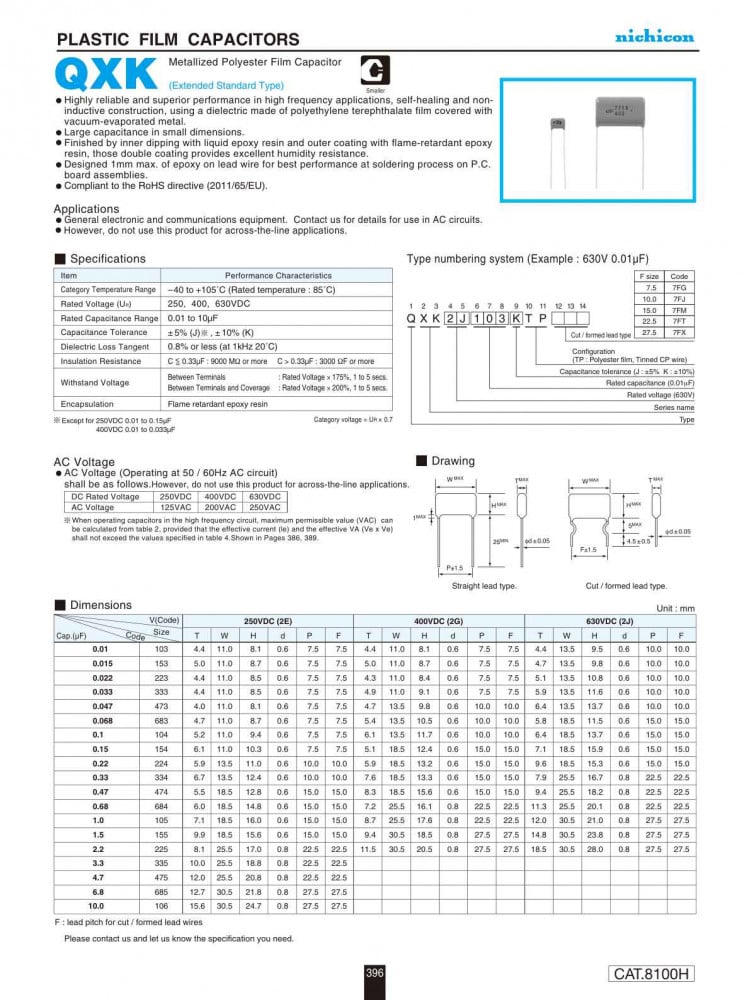 Nichicon QXK2J104KTP technical document preview