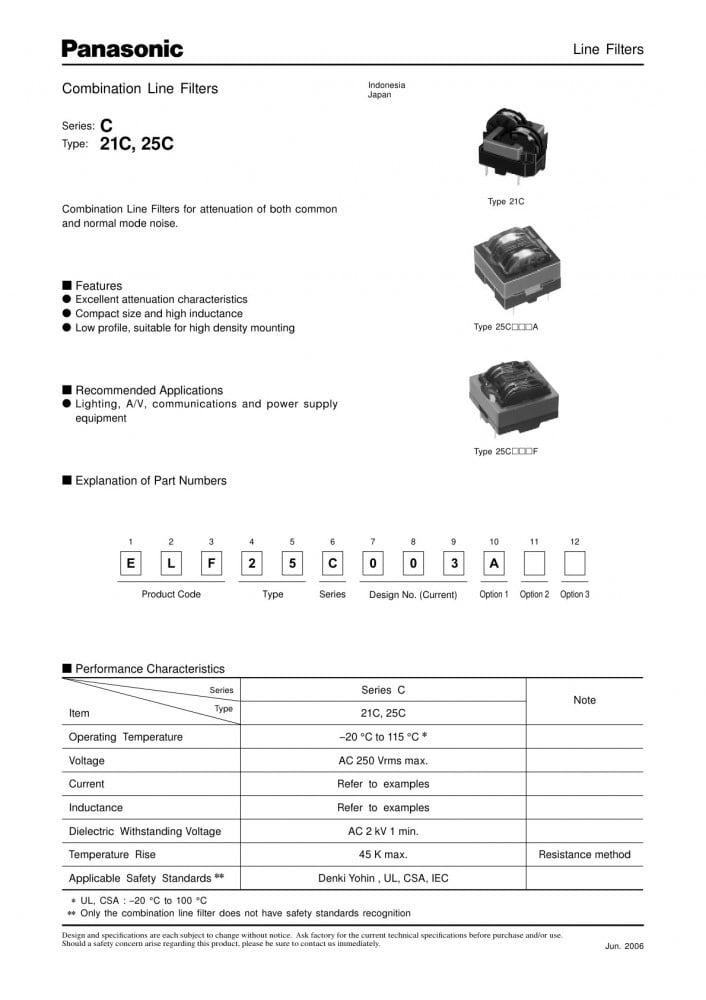 Panasonic Series C combination line filter document page 1