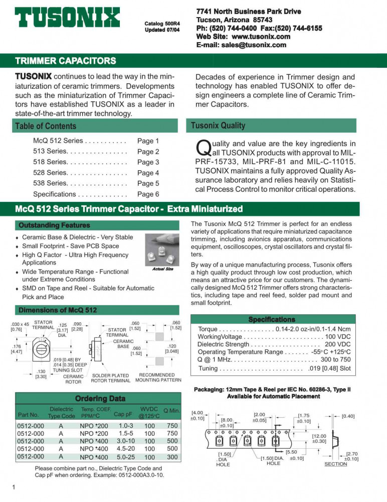Tusonix trimmer capacitor datasheet page 1