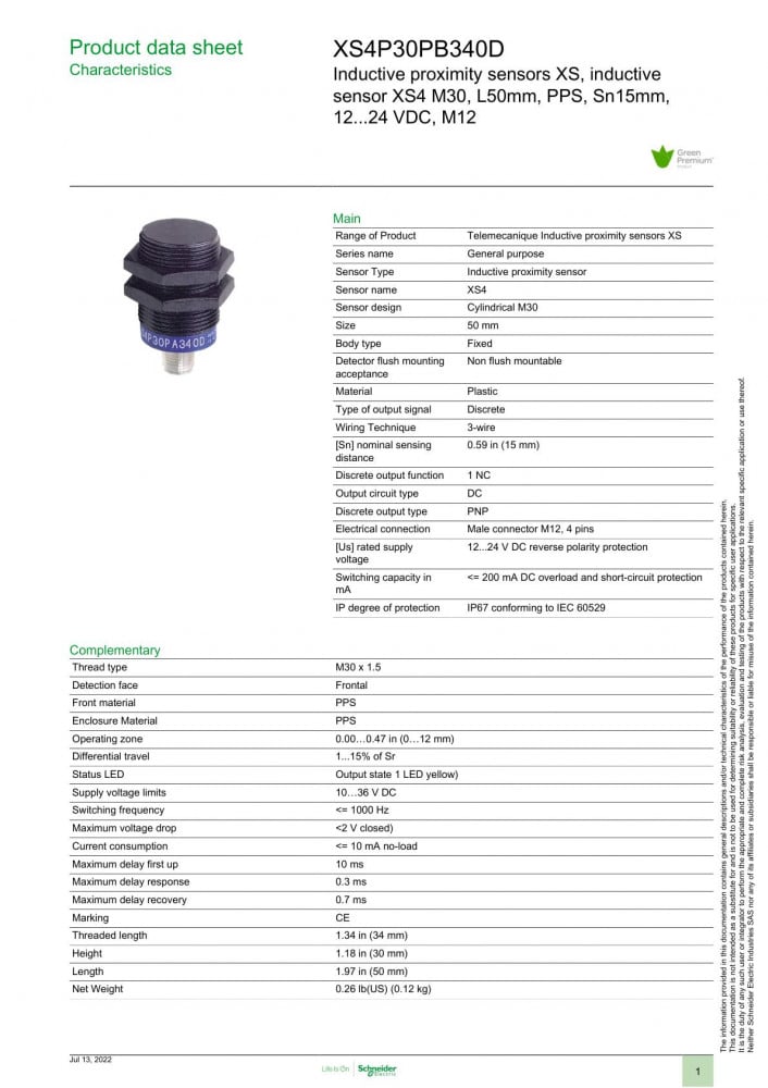 XS4P30PB340D technical document page 1